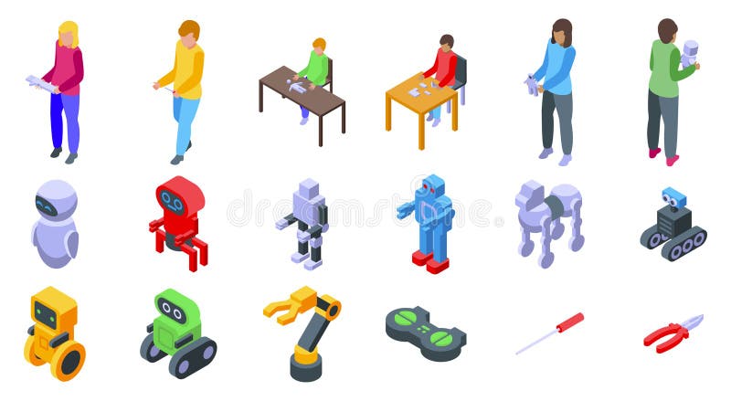 Kid Robot Class Icons Set. Robotics Engineering Team Working on Innovative Project, Developing ...