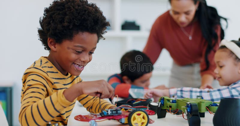 Kid, Robot Wire and Learning in School, Studying and Knowledge of Students. Happy African Child ...