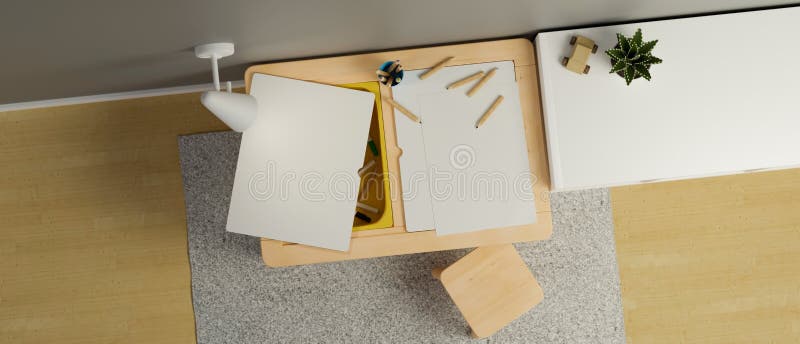 Kid Room with Study Table and Coloured Pencils, Top View, 3D Rendering ...