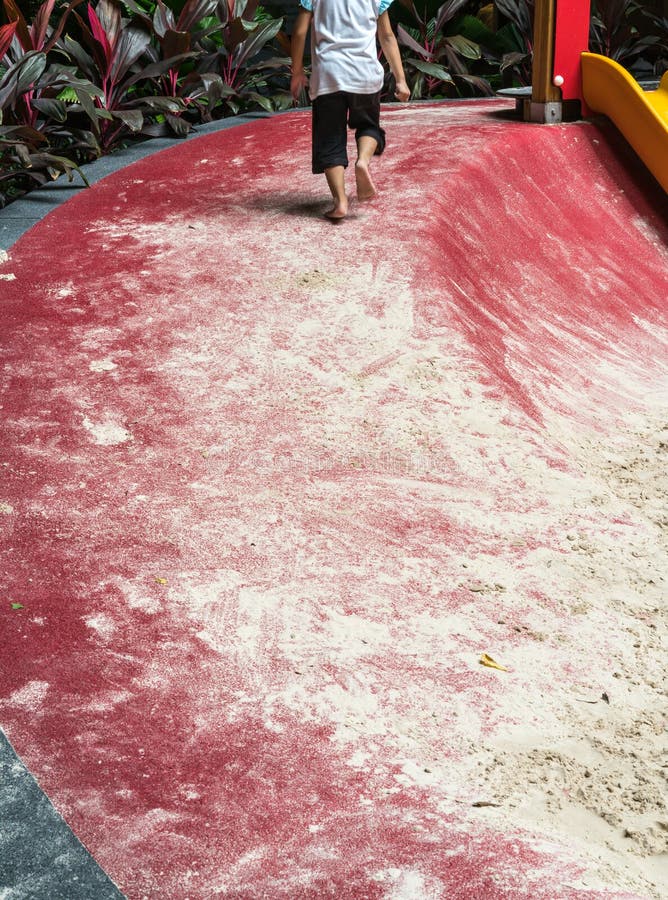Kid Running on Red Floor Sand Playground Stock Image - Image of sand ...