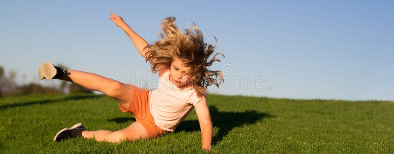Kid Runs through the Spring Grass and Falling Down. Moment of the Fall ... Kid Runs through the Spring Grass and Falling Down. Moment of the Fall ...