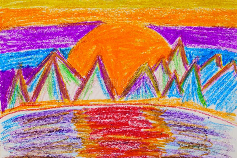 Kid S Drawing of Mountain Landscape and Sun Stock Image - Image of ...