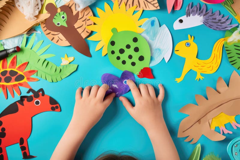 Kid S Hands Crafting Colorful Paper Animals Stock Illustration ...