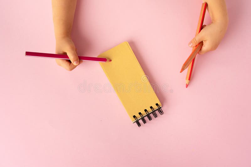 Kid`s Hands Writing in Open Notebook, Top View, Copy Space Stock Photo ...