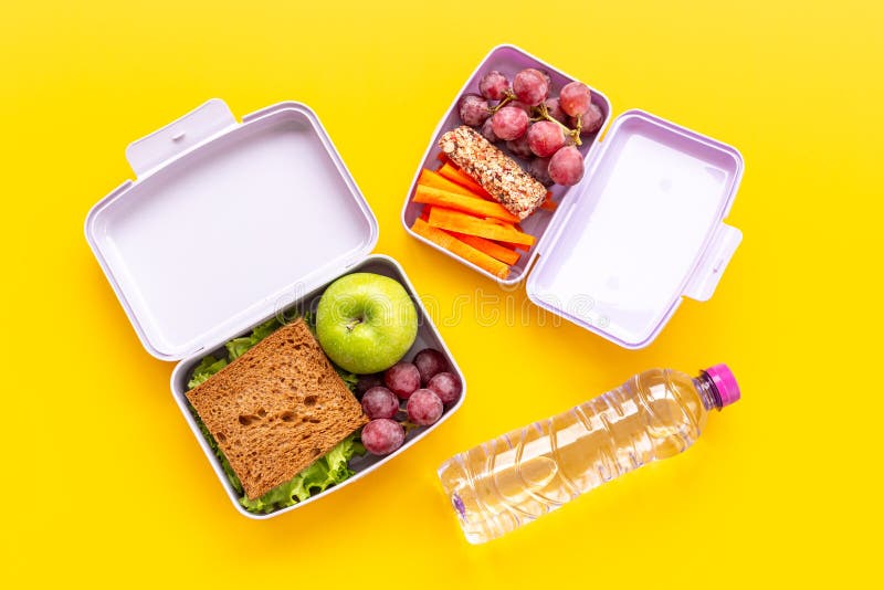 Kid School Lunch Box Set of Fruits and Vegetables, Top View Stock Image ...