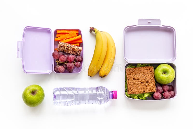 Kid School Lunch Box Set of Fruits and Vegetables, Top View Stock Image ...