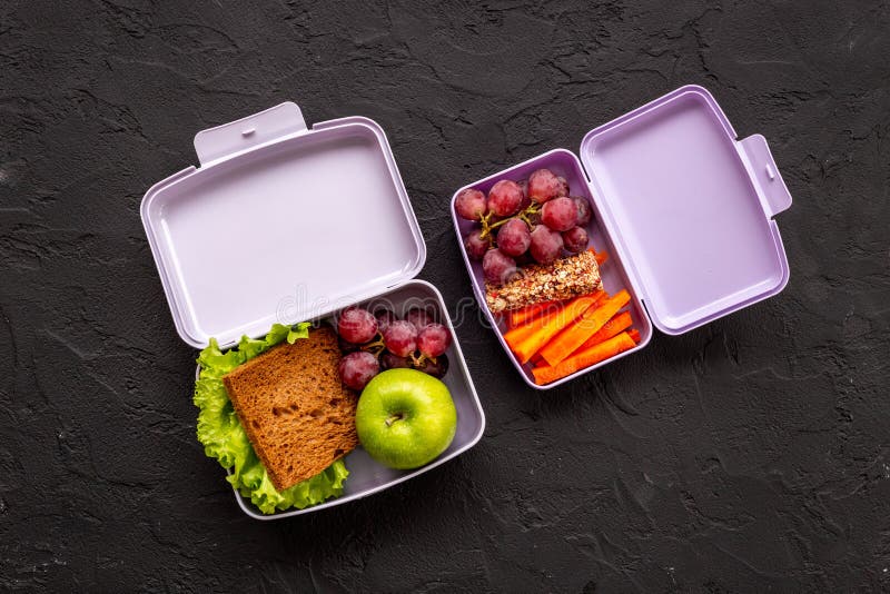 Kid School Lunch Box Set of Fruits and Vegetables, Top View Stock Photo ...