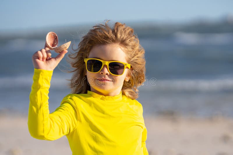 Kid with Sea Shells on the Summer Sea Beach. Summer Vacation. Child ...