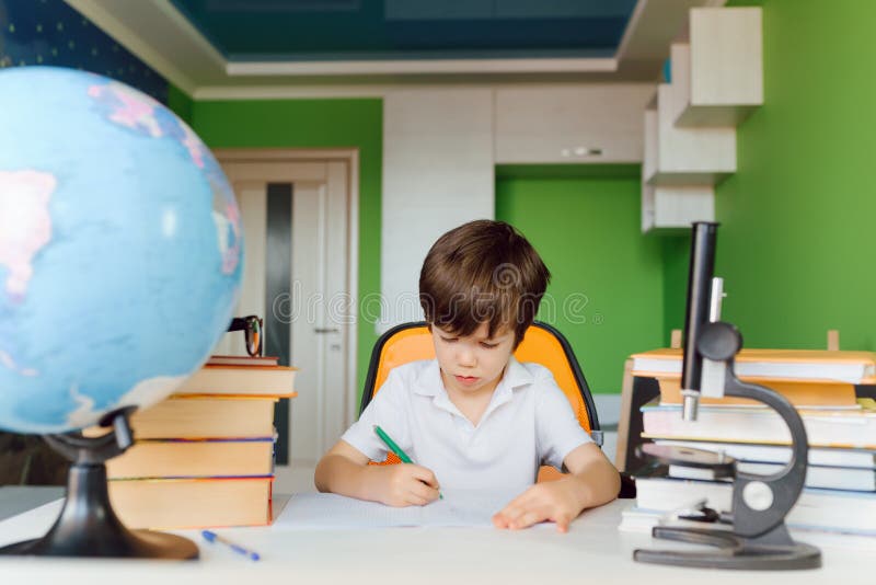 Kid in Self Isolation Doing His Mathematics Homework while School Off ...