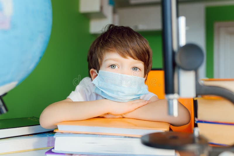 Kid in Self Isolation Doing His Mathematics Homework while School Off ...