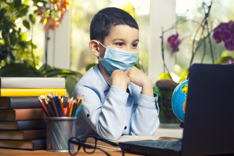 Kid Self Isolation Using Laptop for His Homework,Child Doing Using ...