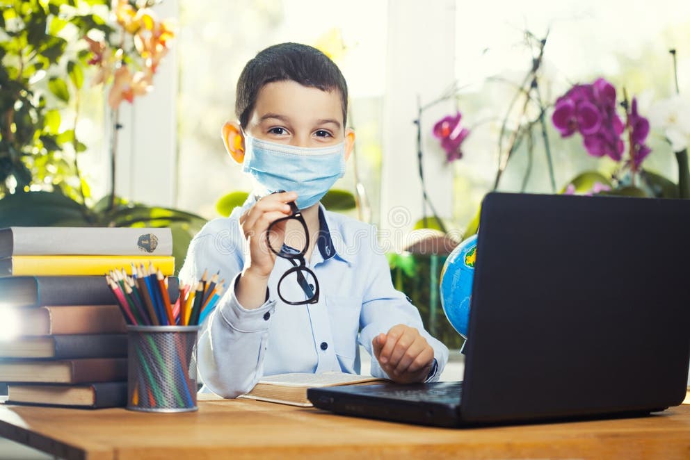 Kid Self Isolation Using Laptop for His Homework,Child Doing Using ...