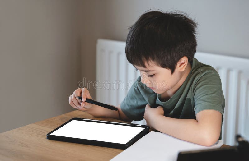 Kid Self Isolation Using Tablet for His Homework,Child Boy Using ...