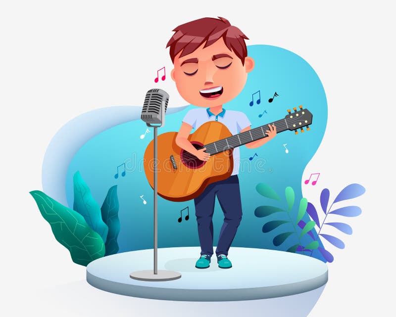Kid Singer Vector Character Design. Boy Student Singing and Playing ...