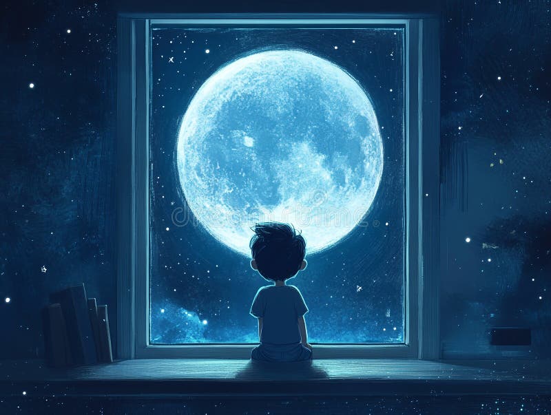 Kid Standing Alone from Behind on the Window Looking at the Full Moon ...