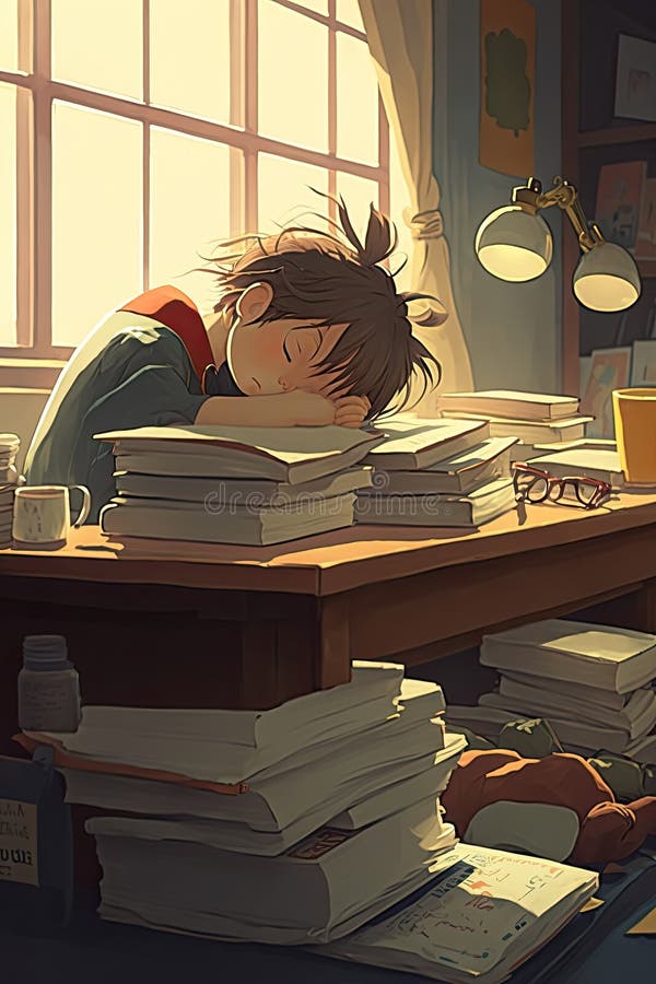 Kid is Sleeping on a Desk Full of Book after an Exhausted Boredom from ...