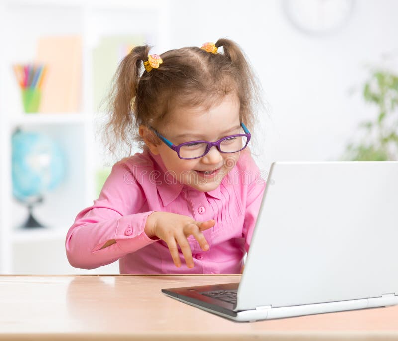 Happy Child Girl in Glasses Reading Books in Library Stock Image ...