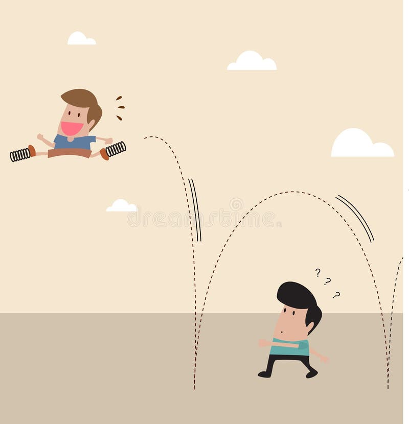 Kid with Spring at Shoe Jump Across Another Man Stock Vector ...