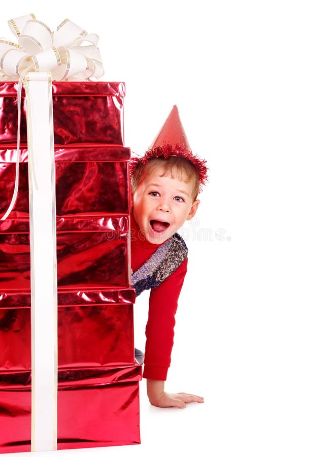 Kid with stack gift box. stock image. Image of clothing - 27568921