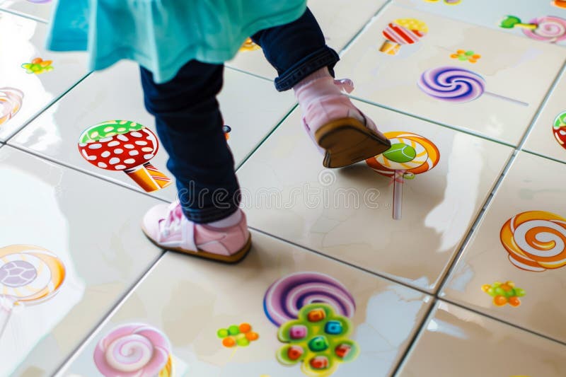 Kid Stepping on Floor Tiles with Candy Designs Stock Image - Image of ...