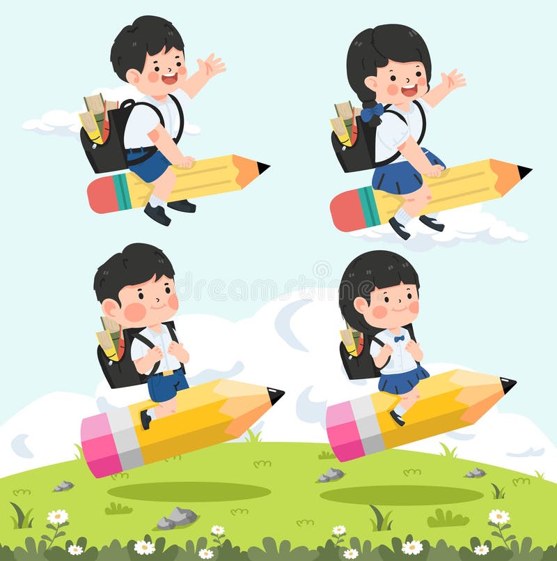 Kid Students Flying with Pencil Set Stock Vector - Illustration of ...