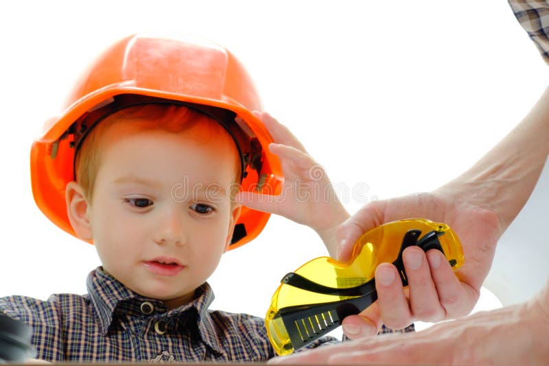 Kid Studio Little Boy Builder, Caucasian Stock Image - Image of ...