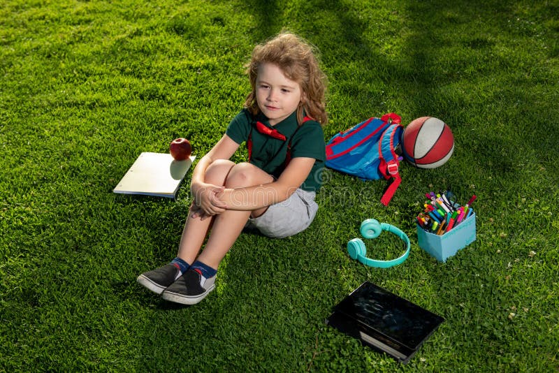 Kid Studying Online Outdoor in Park. Study in Nature. Online School ...