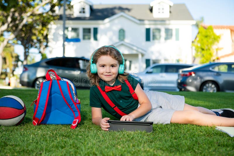Kid Studying Online Outdoor in Park. Study in Nature. Online School ...