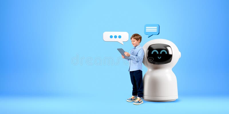Kid with Tablet, Standing Near Robot on Copy Space Blue Background ...