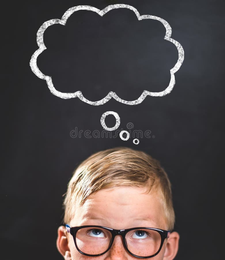 Kid Thinking of Future Plans. School Boy in Glasses with Graphic Cloud ...