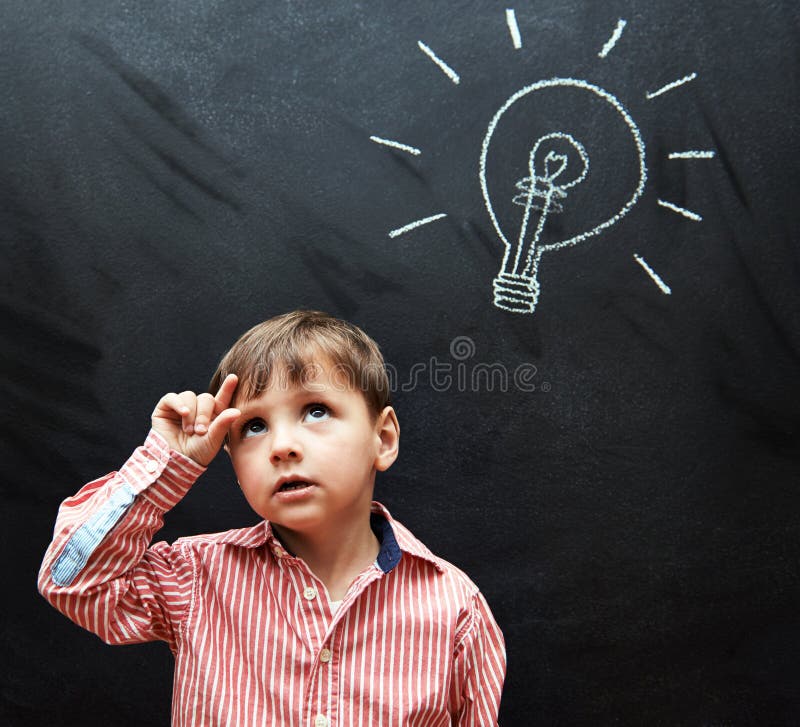Kid, Thinking and Lightbulb on Chalkboard for Solution, Learning and ...