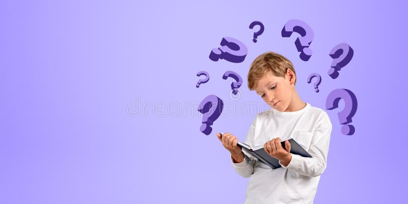 Kid Thoughtful Portrait Reading a Book, Question Marks on Purple ...