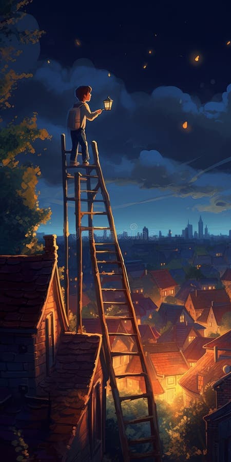 A Kid on Top of a Ladder Looking at the Magical Sky Generative AI Stock ...