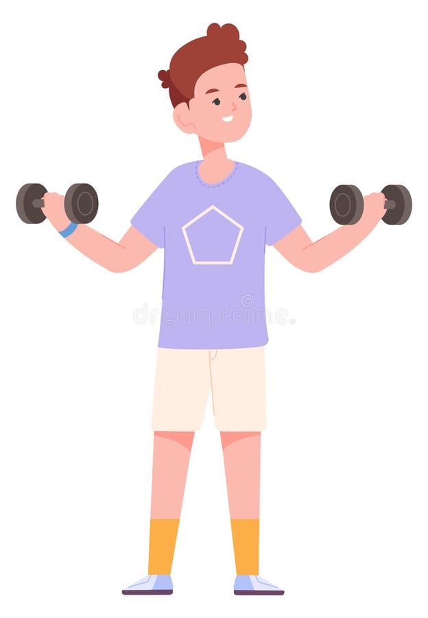Kid Training with Dumbbells. Boy Power Lifting Exercise Stock Vector ...