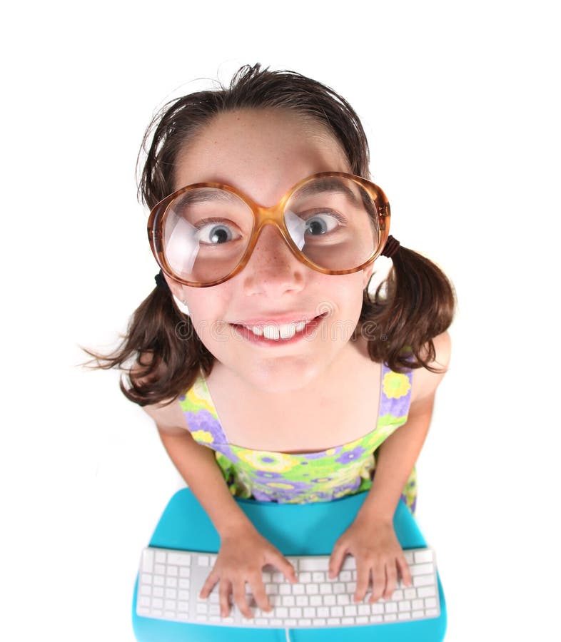 Kid Using Computer Looking Up Smiling Stock Photo - Image of fisheye ...