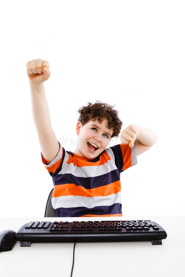 Kid Using Computer on White Background Stock Image - Image of front ...