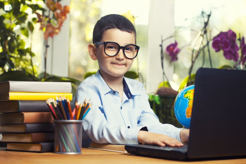 Kid Using Laptop for His Homework,Child Doing Using Laptop Searching ...