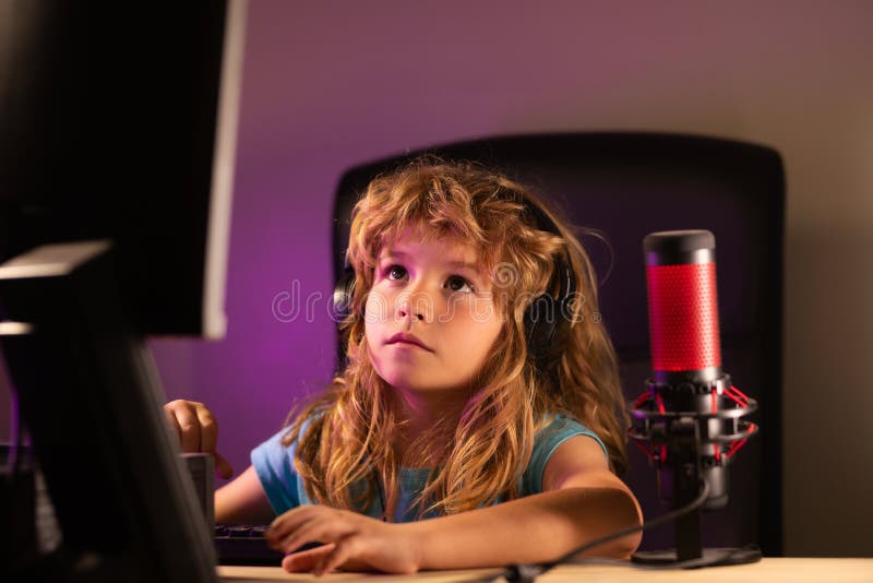 Kid Using Pc at Night. Child with Computer in a Dark Room. School ...