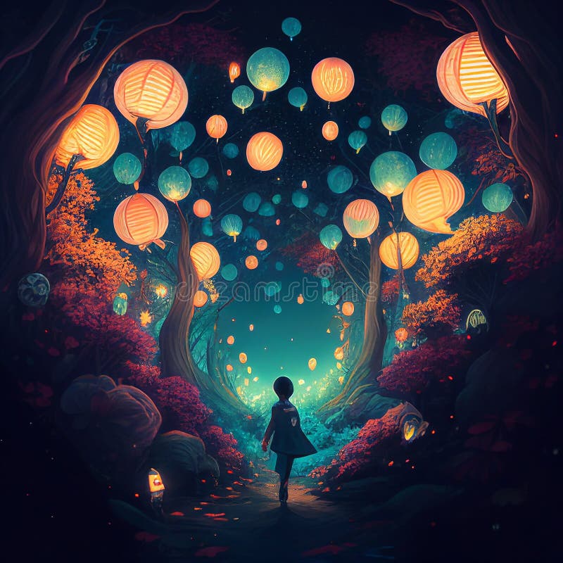 Kid Walks through a Dream-like Forest Filled with Floating Lanterns ...