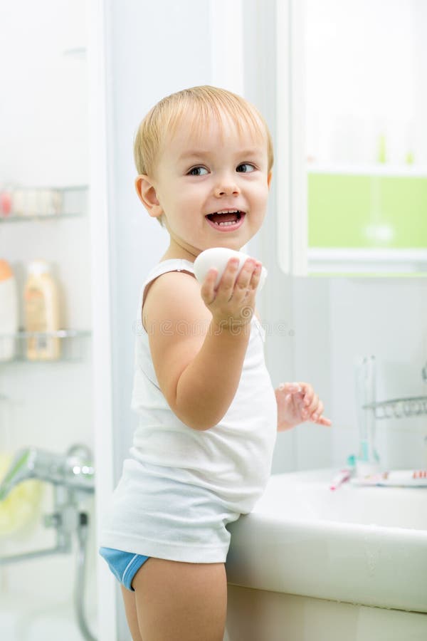 Kid Washing Hands with Soap in Bathroom Stock Image - Image of health ...