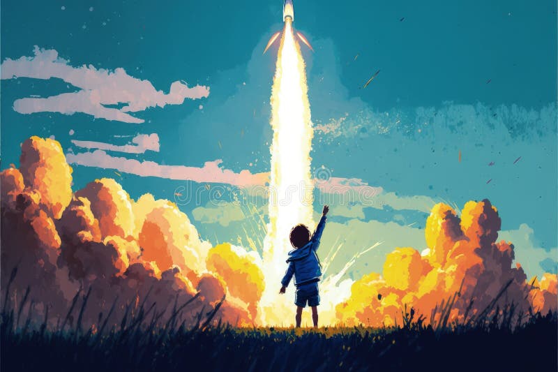 Kid Waving Goodbye in Front of a Space Rocket Launch Stock Illustration ...