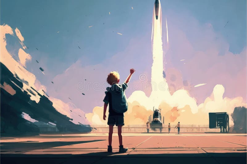 Kid Waving Goodbye in Front of a Space Rocket Launch Stock Illustration ...