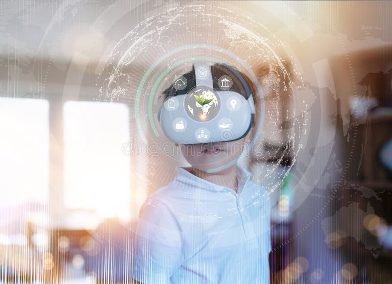 Kid Wearing Virtual Reality Goggles Learning World Population, Ecology ...