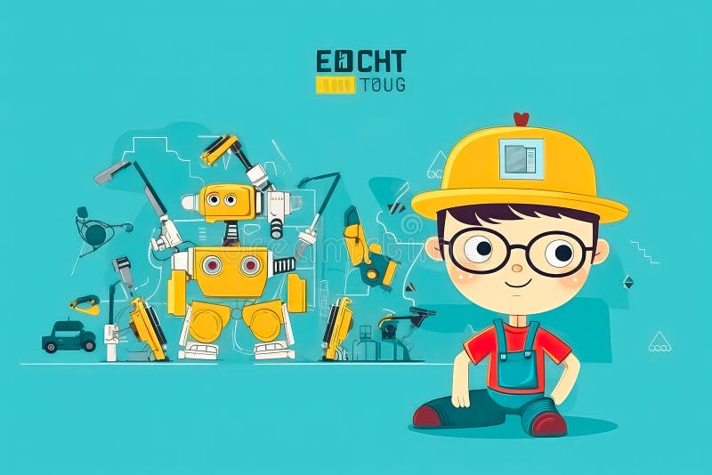 Kid Working in Robot Engineering Lab for Education Concept, Banner ...
