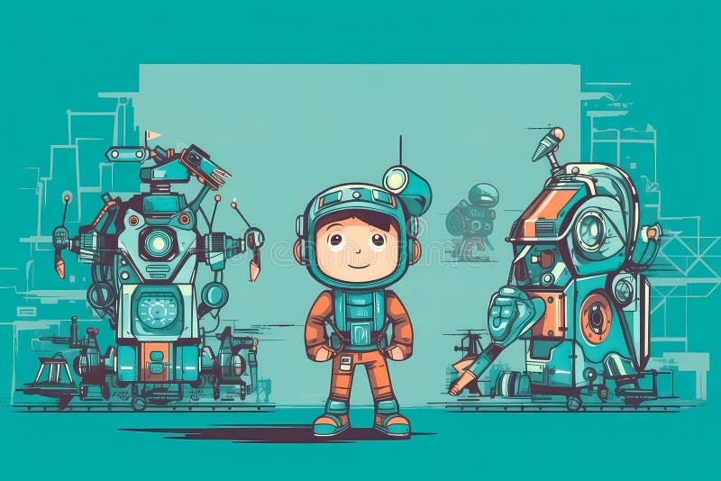 Kid Working in Robot Engineering Lab for Education Concept, Banner ...