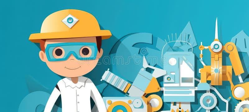 Kid Working in Robot Engineering Lab for Education Concept, Banner ...