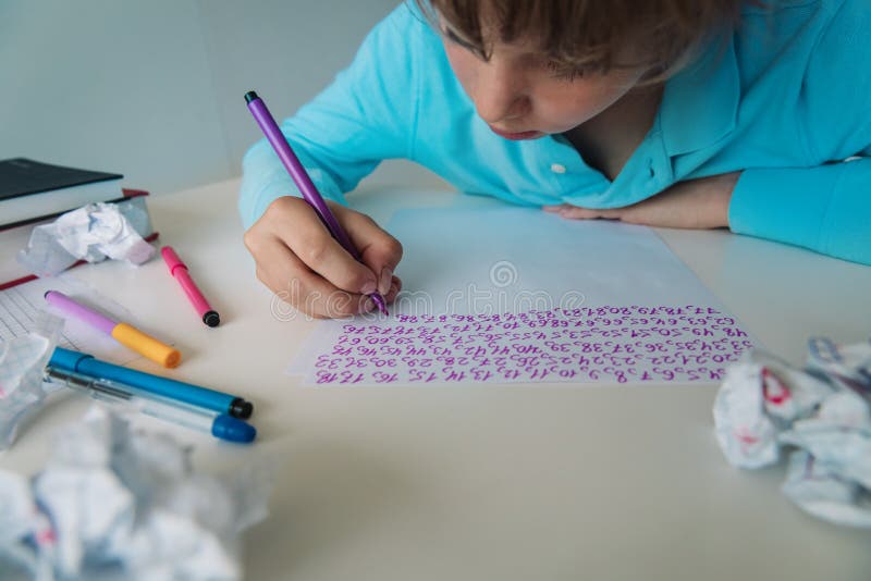 Kid Writing and Learning Numbers, Doing Math Homework Stock Photo ...