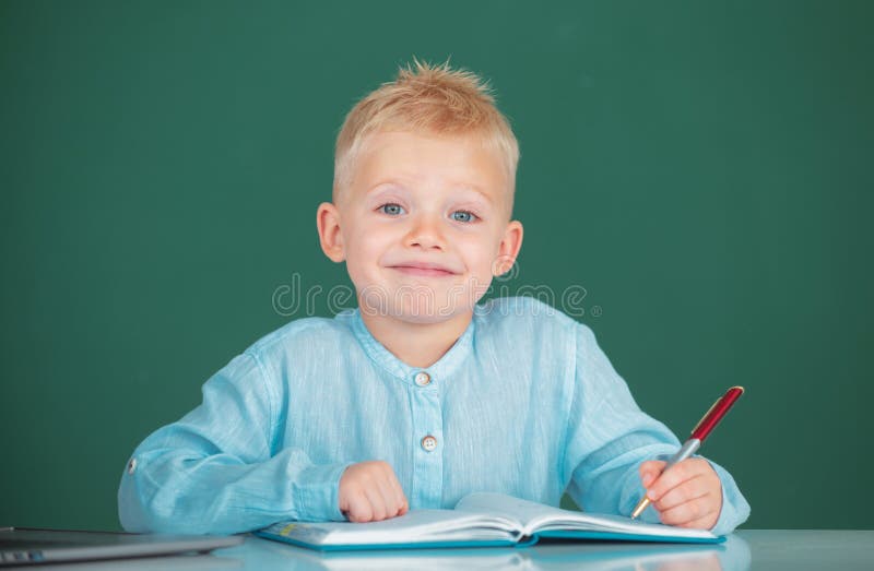 Kid Writing in Notebook in Class. Portrait of Funny Pupil of Primary ...