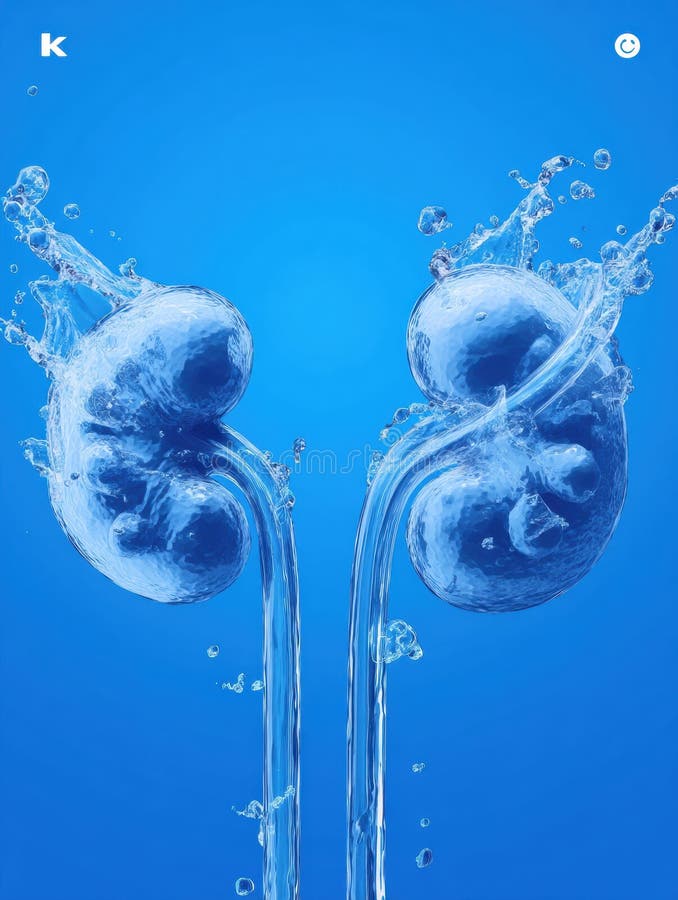 Kidney Health Tracking App Interface with Animated Water Streams and Vibrant Blue Background ...