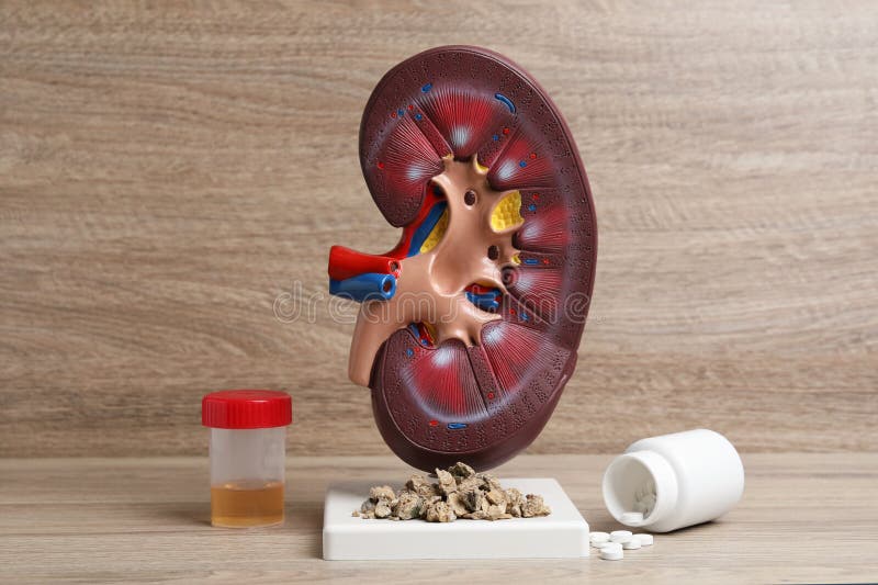 Kidney Model with Stones, Urine Sample and Pills on Wooden Table Stock ...